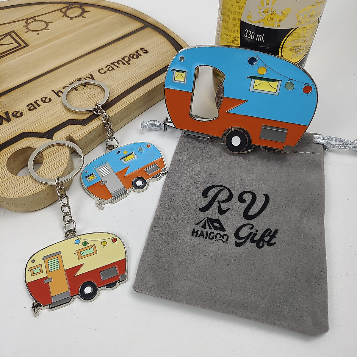 Haigoo Rv Keychain 2 Pack and Magnetic Beer Bottle Opener for Fridge with Cap Catcher, Great Camper Gift Set for Camper Lovers, Girlfriend, Boyfriend, Father