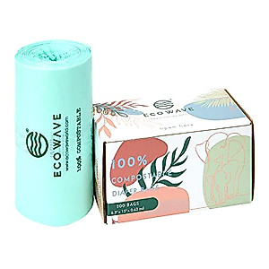 ECO WAVE 100% Compostable Diaper Bags, 200 bags, ASTM D6400, EN 13432, US BPI and Europe OK Compost Home Certified Disposable Biodegradable Baby Poop Bags