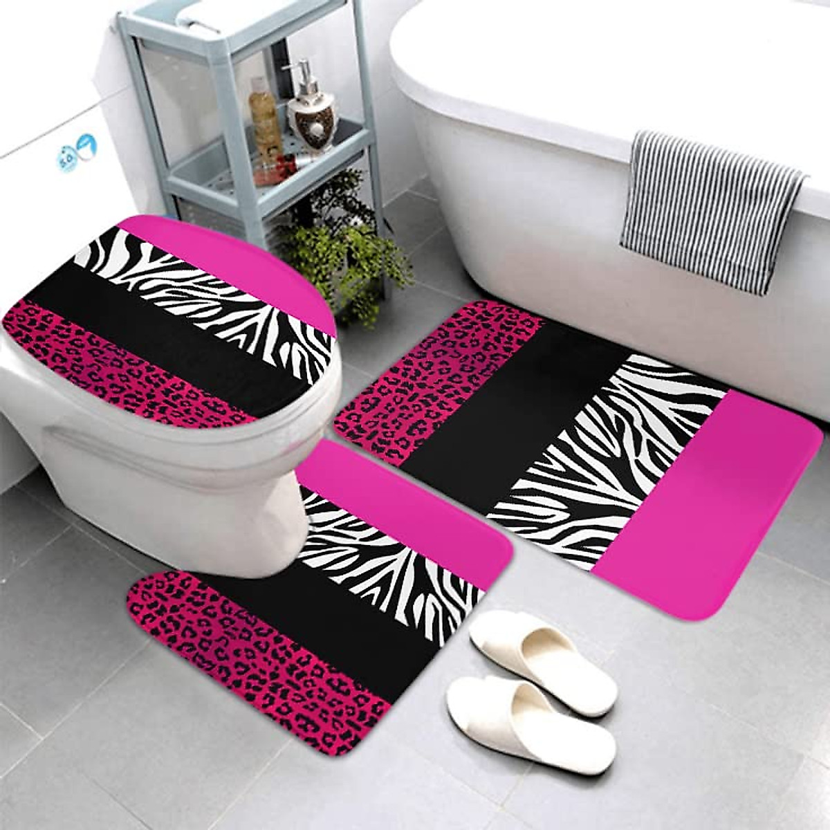 LOKMU 4 Pcs Shower Curtain Sets with Non-Slip Rugs,Toilet Lid Cover and Bath Mat,Pink Leopard Print Waterproof Shower Curtain with 12 Hooks, Bathroom Decor Sets, 72"x 72"