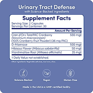 UT-Fem Protection - Urinary Tract Defense for Women, 3-in-1 Daily Defense Formula to Protect Urinary Tract Health, D-Mannose, Cranberry + Hibiscus, Natural Supplement - 60 Vegan Capsules