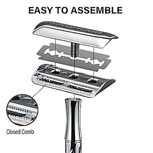 Kinghood Single Blade Safety Razor - Metal One Blade Razor for Men & Women with 10 Stainless Steel Double Edge Blades (Silver)