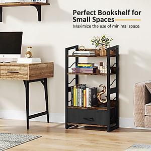 Hosfais Small Bookshelf with Drawer: 4-Tier Wood Book Shelf Industrial Narrow Bookcase Storage Organizer Metal Stackable Shelves for Desktop Bedroom Living Room Home Office (Rustic Brown)