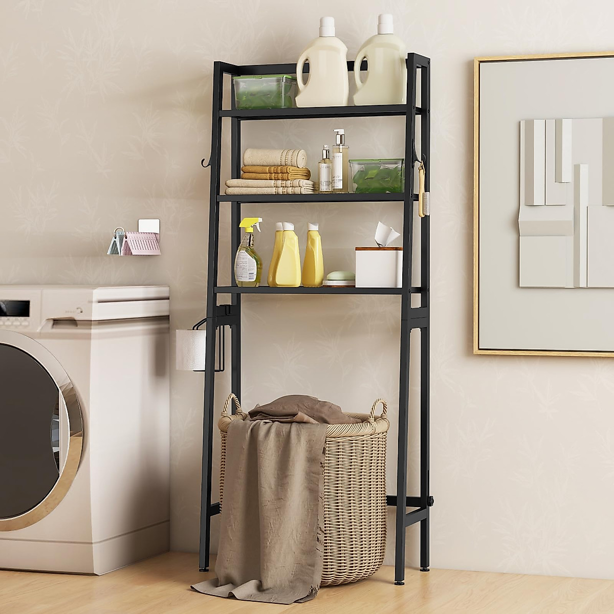 Giantex Over The Toilet Storage Shelf - 3-Tier Freestanding Above Toilet Rack with Adjustable Bottom Bar, Paper Holder, 2 Side Hooks, Metal Bathroom Organizer Shelf, Space Saving Toilet Shelf (Black)