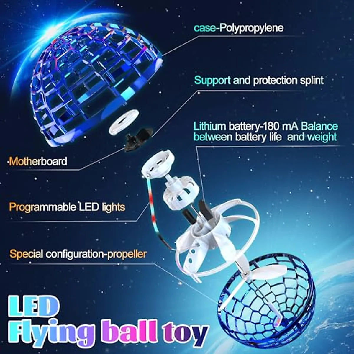 ZEOXUER Flying Ball Toys, 2023 Flying Orb Hover Ball, Cosmic Globe Boomerang, 360° Rotating Cool Fidget Spinner, Mini Drone Flyorb Toy with Built-in RGB Light Gift Safe for 6 7 8 9 10+Kids Adults