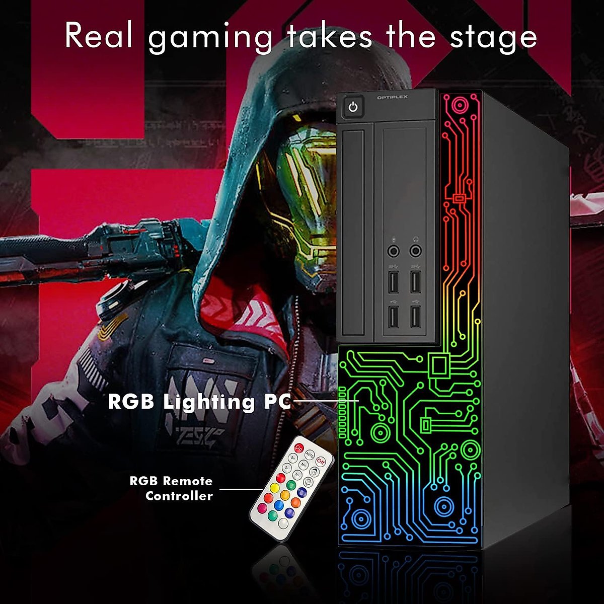 Dell Gaming OptiPlex Desktop RGB Computer PC, Intel Core i5, AMD RX 550 4GB GDDR5, 16GB RAM, 512GB SSD, 24 Inch HDMI Monitor, RGB Keyboard Mouse and Headset, WiFi, Windows 10 Pro (Renewed)