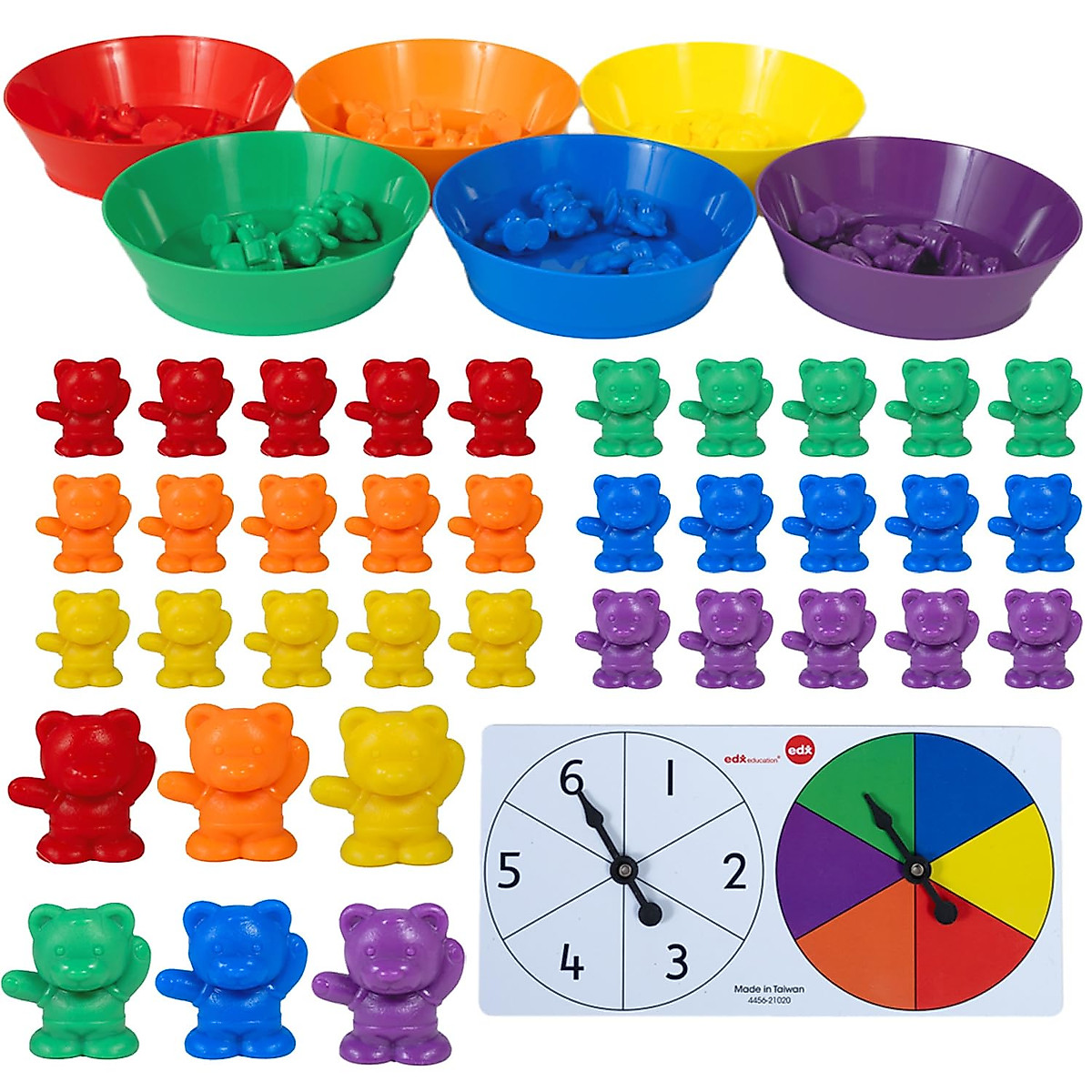 edxeducation Counting Bears with Matching Bowls - Early Math Manipulatives - 68pc Set - 60 Bear Counters, 6 Bowls & 2 Game Spinners - Home Learning