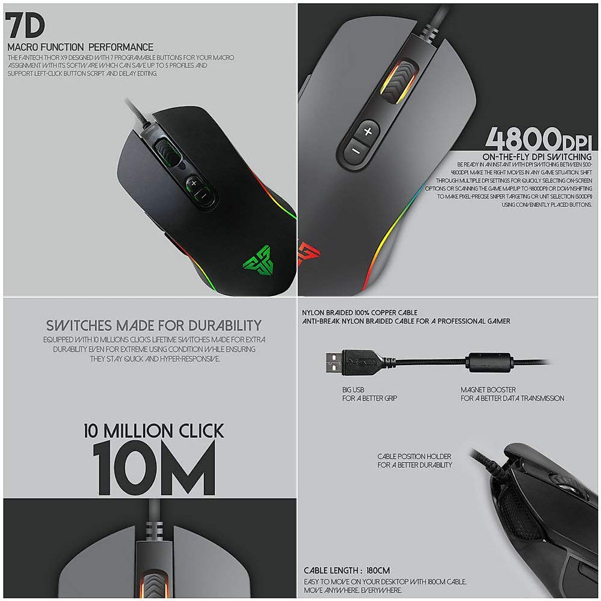 FANTECH Basic Wired Gaming Mouse X9, RGB 7 Macro Buttons Programmable True 4800 DPI Claw Grip Comfort Beginner Gaming Mouse for Window PC, Black