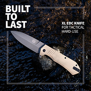 Off-Grid Knives - Stinger XL Folding Knife w. Spear Point Blade, Crucible 154CM Steel, G10 Scales, Deep Carry Clip (Coyote)