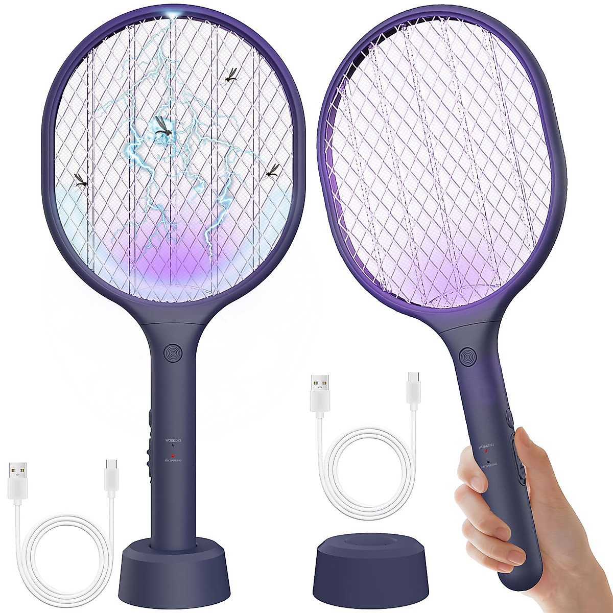 Electric Fly Swatter 2 Pack, 3000V Bug Zapper Racket Fly Zapper with 1500mAh Rechargeable Battery, Indoor Outdoor Fly Trap Mosquito Killer with 3-Layer Safety Mesh for Home, Kitchen, Patio, Camping