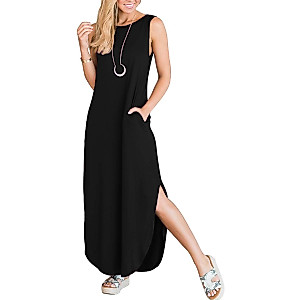 ANRABESS Women Casual Loose Sundress Sleeveless Split Maxi Long Beach Shirt Dress Travel Vacation 2025 Summer Outfits Black Medium