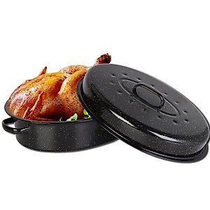 Letschef Roasting Pan 18.3 inch Roaster Pan Set Enamel Oven Roaster Pan with Lid for Turkey Chicken Cookware