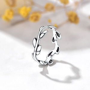 FOCALOOK Womens Vintage 925 Sterling Silver Ring Platinum Plated Olive Leaf Branch Flower Vine Promise Stacking Band Ring (Size 6)