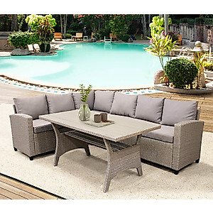 Goohome Outdoor Patio Furniture Set, L-Shaped All-Weather Weaving PE Wicker CoversationSet Sectional Sofa w/Table and Comforty Water-Resistant Cushions, for Patios, Backyards, Garden