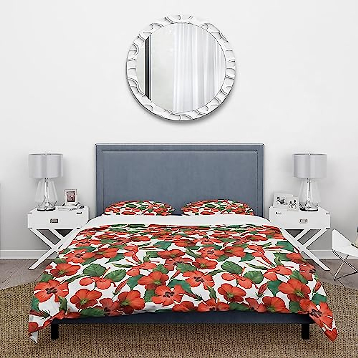 DESIGN ART Designart 'Tropical Red Hibiscus Flowers with Green Leafs On White' Traditional Duvet Cover Set Full - Queen