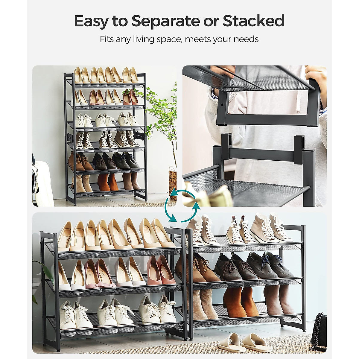 SONGMICS 6-Tier Shoe Rack Storage, Metal Shoe Organizer Stand for Garage, Entryway, Set of 2 3-Tier Stackable Shoe Rack Shelf, with Adjustable Flat or Angled Shelves, Holds 18-24 Pairs, Grey