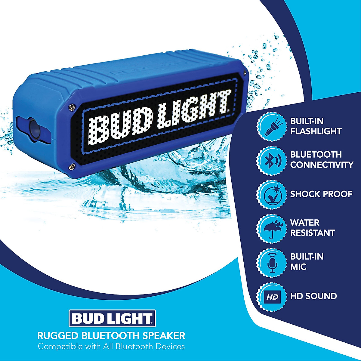 Bud Light Wireless Portable Bluetooth Speaker Water-Resistant, & Shockproof Led Flashlight Built-in Microphone & Rechargeable Battery Include USB Charging & 3.5 Aux Cable