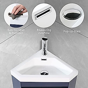 walsport 16" Corner Bathroom Vanity Floating Single Sink Combo for Small Space Wall Mounted Cabinet Set Design Resin Basin Sink Top Chrome Faucet and Drain,Blue