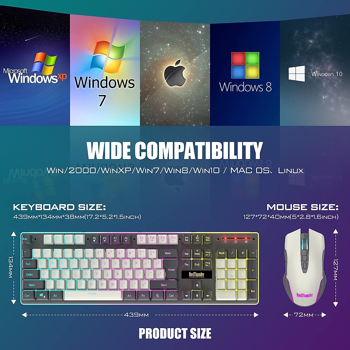 RedThunder K10 Wireless Gaming Keyboard and Mouse Combo, LED Backlit Rechargeable 3800mAh Battery, Mechanical Feel Anti-ghosting Keyboard + 7D 3200DPI Mice for PC Gamer (White-Gray)