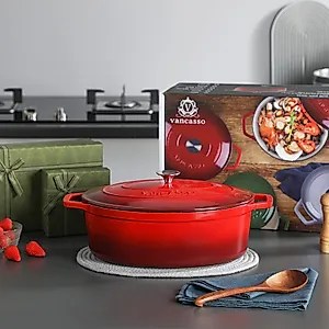 vancasso Enameled Cast Iron Dutch Oven, 9.3 Quart Dutch Oven Pot with Lid, Oval Dutch Oven Cast Iron Pot with Non Stick Enamel Coating for Bread Baking, Red