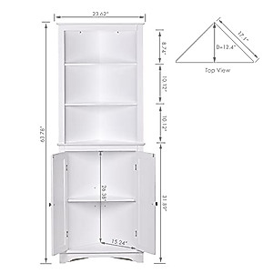 Spirich Home Tall Corner Cabinet with Two Doors and Three Tier Shelves, Free Standing Corner Storage Cabinet for Bathroom, Kitchen, Living Room or Bedroom, White