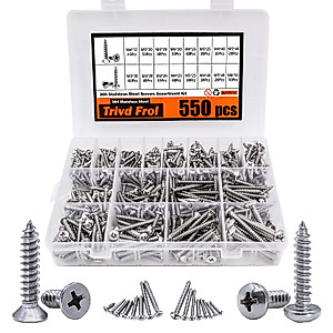 Trivd Frol 550Pcs Self Tapping Screws Assortment Set, M3/M4/M5/M6 304 Stainless Steel Sheet Metal Screws Kit, Phillips Drive Wood Screw Assortment 550Pcs(275pcs Round Head and 275pcs Flat Head)
