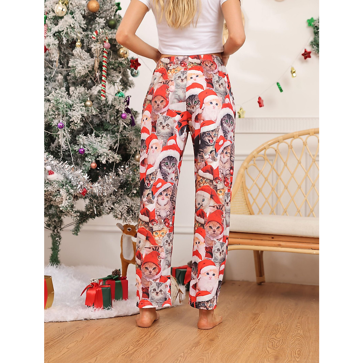 RAISEVERN Women Christmas Pajama Pants Cat Santa Hat Print Loose Ugly Xmas Sleep Bottoms Drawstring Wide Leg Pjs with Pockets Sleepwear M