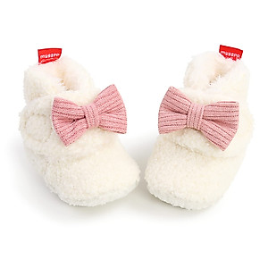 Ohwawadi Baby Girl Bow Booties Cozy Fleece Infant Baby Slippers Soft Warm Socks Shoes Newborn Crib Shoes White 6-12 Months