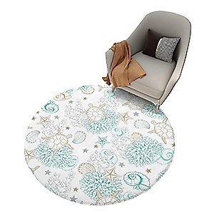 Round Carpet Plush Area Rug Ocean Cute Sea Turtle Coral Shell Starfish, Soft Shaggy Floor Mats Circular Furry Rugs Cartoon Art for Bedroom/Living Room/Nursery/Kids Room
