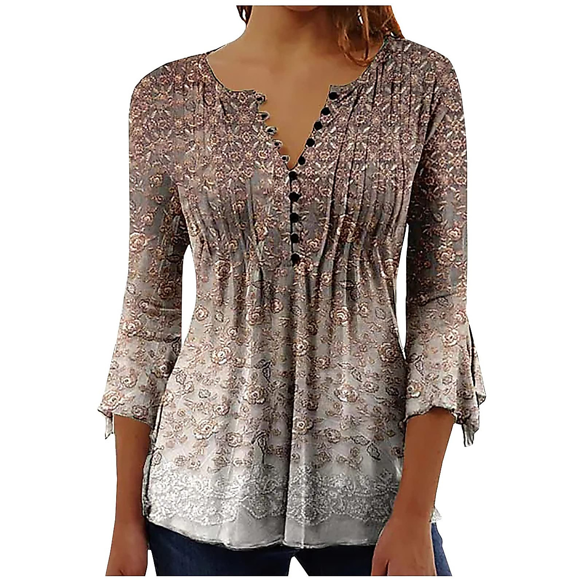 Womens Tops And Blouses 3/4 Sleeve Graphic Tunic Tops Trendy 2024 Summer Casual v Neck Empire Waist t-Shirt Blouse