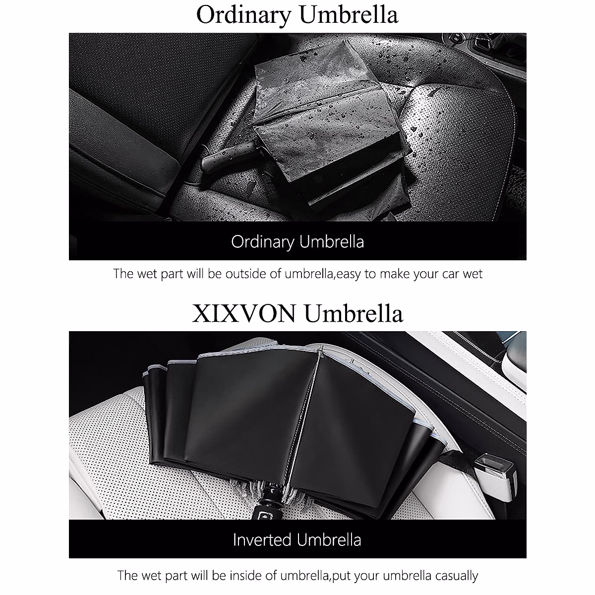 XIXVON UPF 50+ Reverse Folding Umbrella Travel Windproof 99% UV Protection Umbrellas With Reflective Safety Strip Black