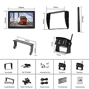 FHD 1080P Wireless Backup Camera Kit 7” LCD Monitor with Blue Backlit Buttons Support Split Screen Two Cameras IP69 Waterproof IR Night Vision for Bus/RV/Truck/Trailer/Motorhome/Boat