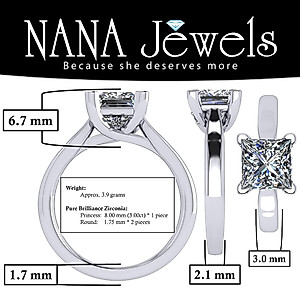 NANA Jewels-Silver 8.00mm (3.00ct) Princess Cut Zirconia Lucita Solitaire Ring-Platinum Plated-Size 8.5