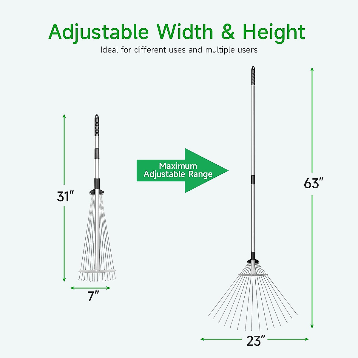 GreatBuddy Adjustable Leaf Rake, 7"-23" Expandable Width, Perfect for Shrub, Flower Bed, Lawn, Yard, Garden Cleaning, Lightweight Aluminum Retractable Handle for Easy Use