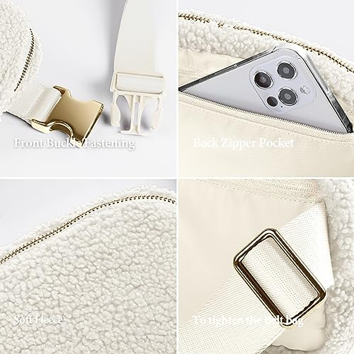 ODODOS Fleece Mini Belt Bag with Adjustable Strap, Sherpa Small Waist Pouch Fanny Pack for Workout Running Traveling Hiking, Ivory