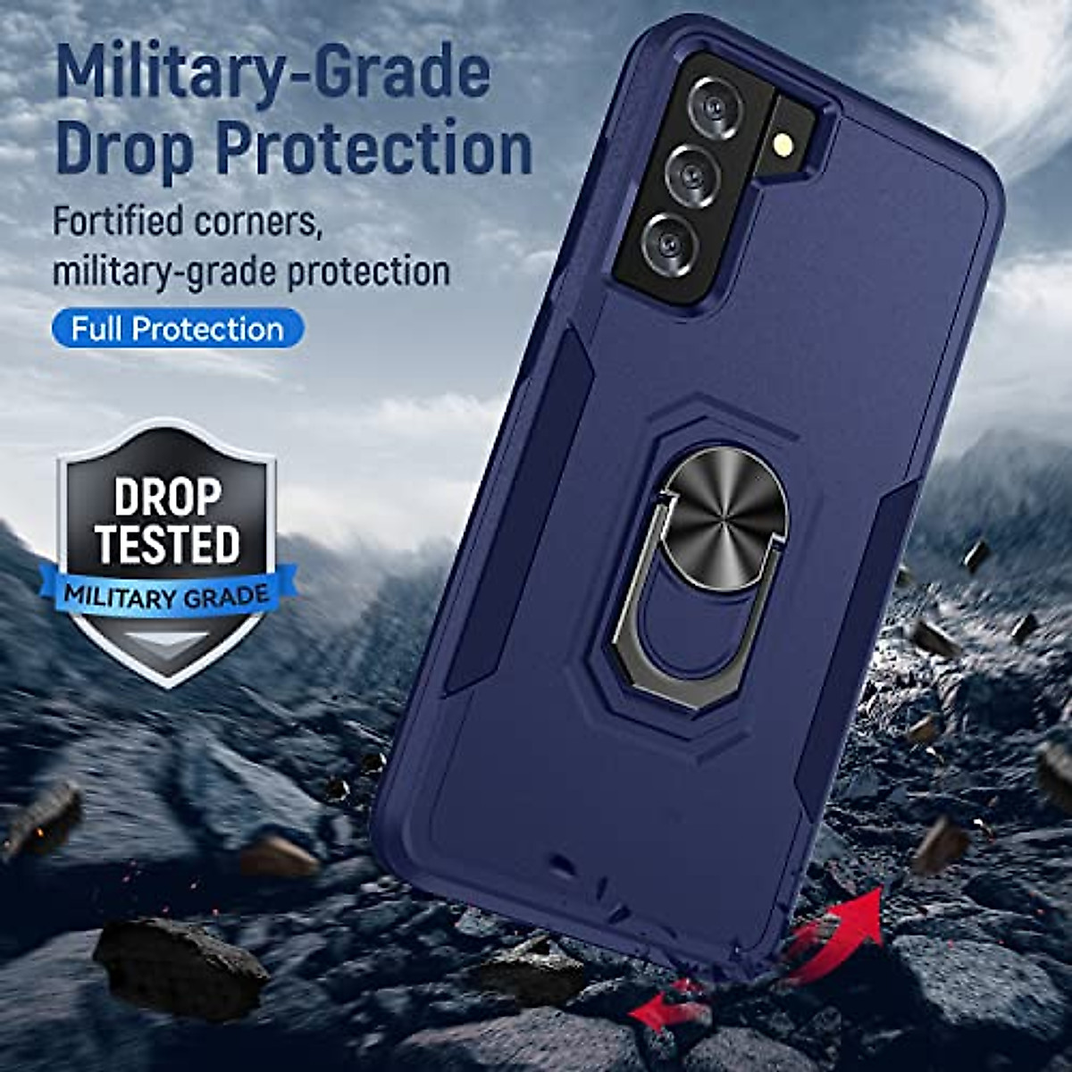 AFARER Series Designed for Samsung Galaxy S21 FE 5G Case Protection Double Layer Cover Hybird Soft + Hard Military-Grade Armor Heavy Duty Shockproof Matte Back with 360°Rotating Ring Kickstand-Blue