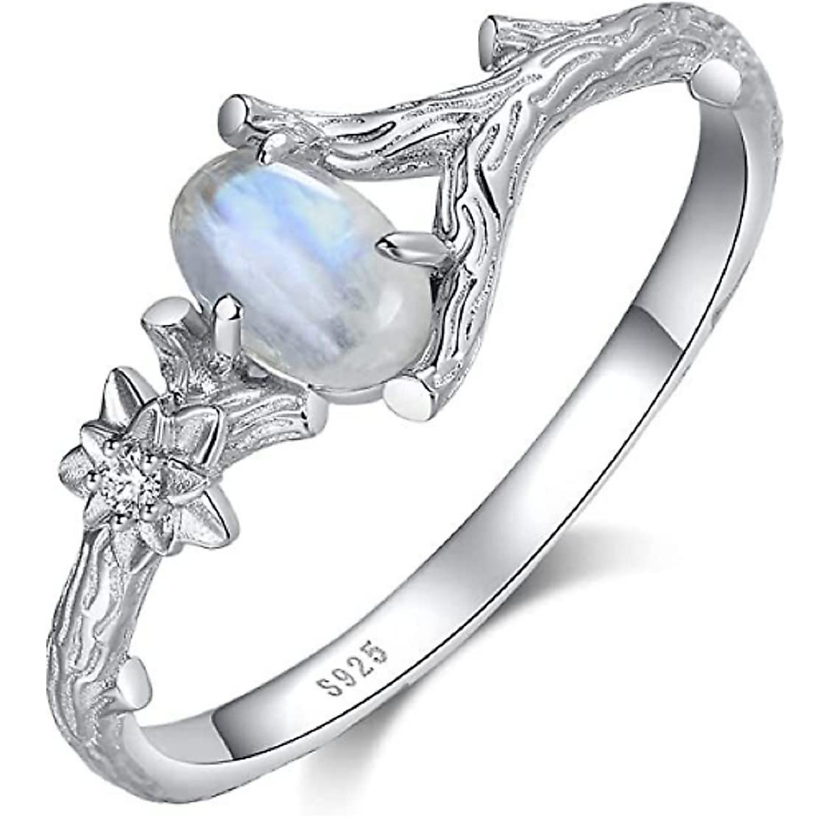 HUKQBUNX 925 Sterling Silver Natural Moonstone Ring Feminine Branch Flower Lady Shiny Wedding Engagement Ring Birthday Party Ring Size 6-10 (Size 8)