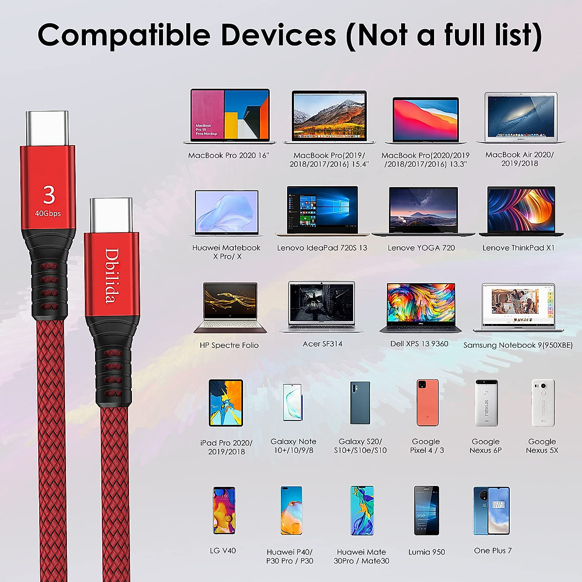 Dbilida 240W for Thunderbolt 3 Cable 40Gbps 6.6 ft, USB C Cable with PD 3.1, Single 8K/5K@60Hz, 4K 144Hz Dual 4K for iPhone 15/Plus/Pro/Pro Max, eGpu,MacBook Pro, Docking, Hub, SSD