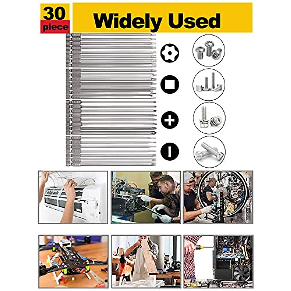 Rocaris 30 Pack 1/4 Inch Hex Shank Long Magnetic Screwdriver Bits Set 6 Inch Power Tools(Slotted+Cross+Square +Torx)