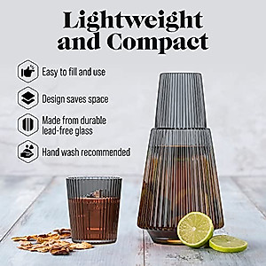 American Atelier Vintage Bedside Water Carafe with Tumbler – 37 Oz Ribbed Pitcher and Matching Drinking Glass Doubles as Lid for Guest Room, Office, or Gift, 4.5”x 9.25" (Gray)