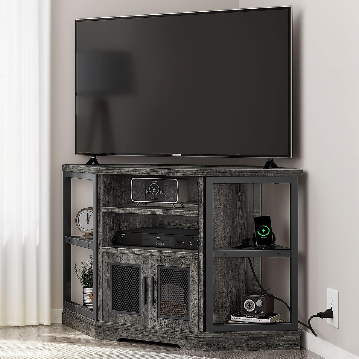 YITAHOME Corner TV Stand for TVs up to 55 Inch with Power Outlet, Modern Farmhouse Entertainment Center, Wood TV Media Console with Storage Cabinets Shelves for Living Room Bedroom, Gray Oak