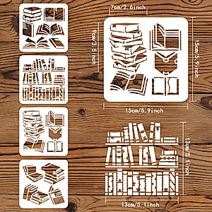 FINGERINSPIRE 4PCS Book Stencils for Painting 5.9x5.9 inch Plastic PET Collection Books Stencil Templates Reusable Stacked Standing Book Drawing Stencil for Office Study Library Wall Decor
