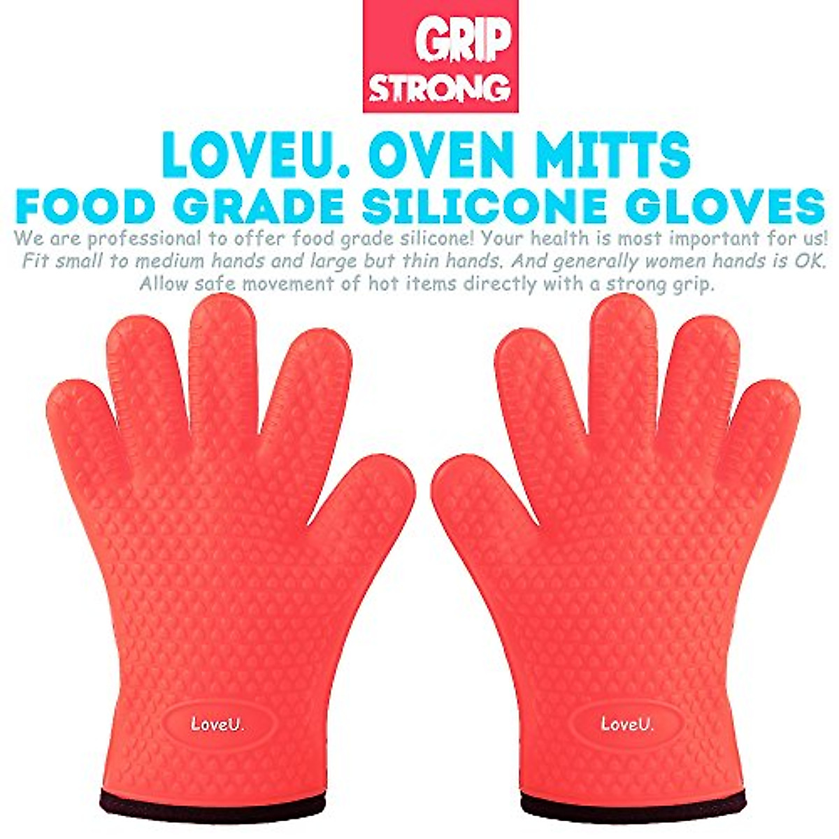 Loveuing Kitchen Oven Gloves - Silicone and Cotton Double-Layer Heat Resistant Oven Mitts/BBQ Gloves/Grill Gloves - Perfect for Baking and Grilling - 1 Pair (One Size Fits Most, Red)