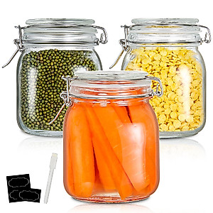 YEBODA 32oz Food Storage Canister Glass Jars with Clamp Airtight Lids and Silicone Gaskets for Multi-Purpose Kitchen Containers - Clear Square (3 Pack)