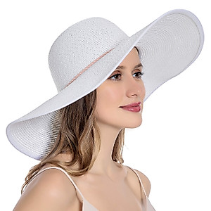 Muryobao Womens Sun Straw Hat Wide Brim UV UPF 50 Summer Hat Foldable Roll up Floppy Beach Cap for Women White
