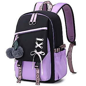 FENGDONG Teenage Girls Bookbag School Backpack Children Casual Daypack Schoolbag for Teens Black Purple