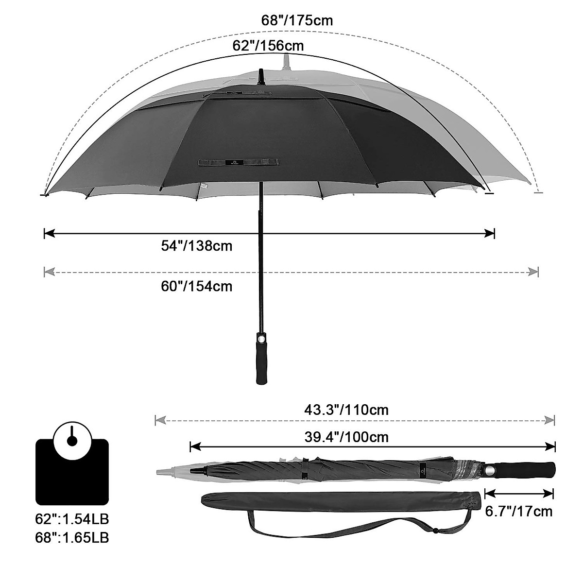 Prospo 62 Inch Extra Large Golf Umbrella, Double Canopy Automatic Open Sun Rain Stick Umbrellas, Windproof Waterproof Oversized Umbrellas with UV Protection for Men, Women and Family (Black)
