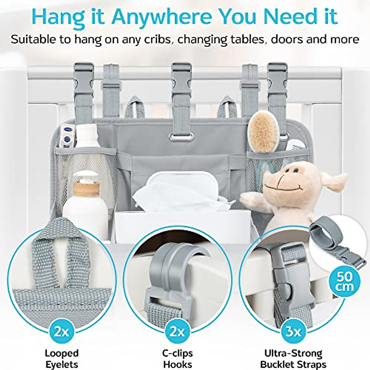 XL Hanging Diaper Caddy Organizer – Reinforced Diaper Stacker for Crib that Keeps Shape – Hanging Diaper Organizer for Changing Table, Playard, Wall & Door – Diaper Holder for Newborn Baby Girl & Boy