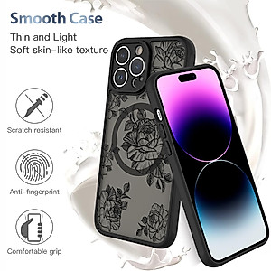 AIGOMARA Case for iPhone 14 Pro Max [Compatible with MagSafe] Black Flower Floral Pattern Design Case for Women Girls Soft TPU Bumper Hard PC Back Anti-Fall Shockproof Protective Slim Magnetic Cover