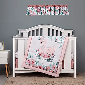 CribMATE 4 PCs Pink Rose Swan Nursery Crib Bedding Set Baby Girl Floral Swan Themed Cot Bedding Set 1 Quilt 1 Skirt 1 Fitted Sheet 1 Window Valance, Pink White, 28 X 52
