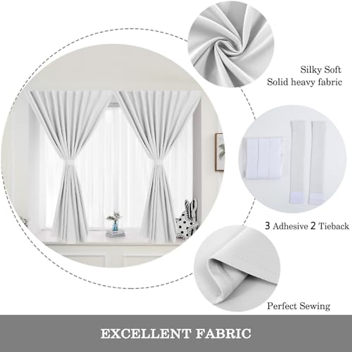 Muamar 2pcs Self Adhesive Small Blackout Curtains with Tiebacks,Portable Curtains for Kitchen Window,Cabinet Curtains Rental Curtains for Privacy Protect White 34" W X 36" L